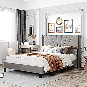 RORIGAT Queen Size Velvet Upholstered Platform Bed with Headboard and Strong Wooden Slats,Noise-Free,No Box Spring Needed,Gray