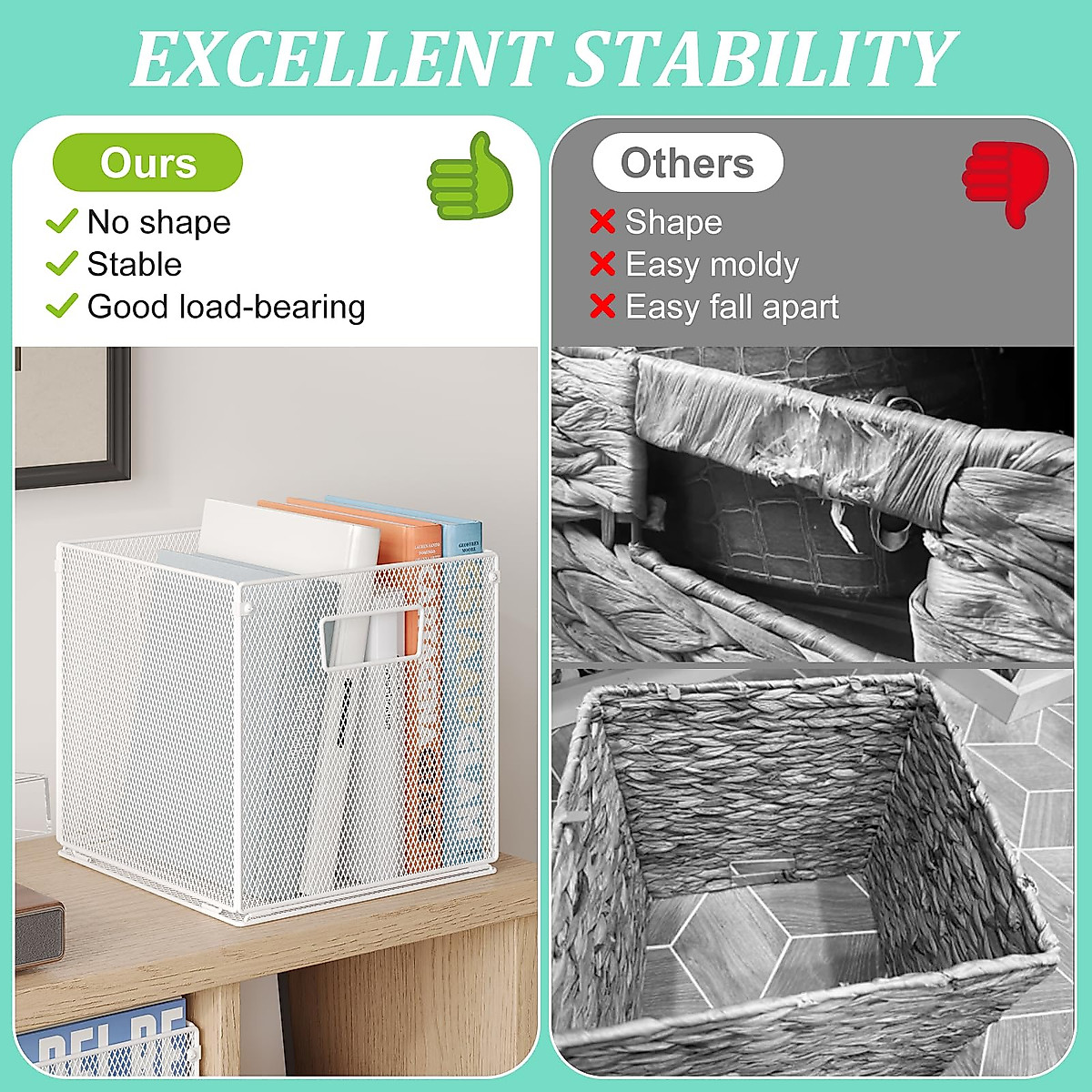 JKsmart Storage Cubes, Basket for Shelves with Handles, Set of 4 Storage Bins, Foldable Baskets for Organizing Toys, Books 10.5x10.5x10.5inch, Multipurpose Storage for Cabinet Bookcase, White