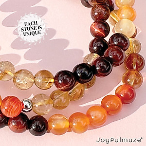 Joyfulmuze Natural Gemstones Stretch Bracelets, Carnelian Quartz, Rutilated Citrine, Red Tiger Eye Stone, Triple Protection Handmade Birthday Gift for Women and Men (Red-Tiger-Eye-Citrine-Carnelian)