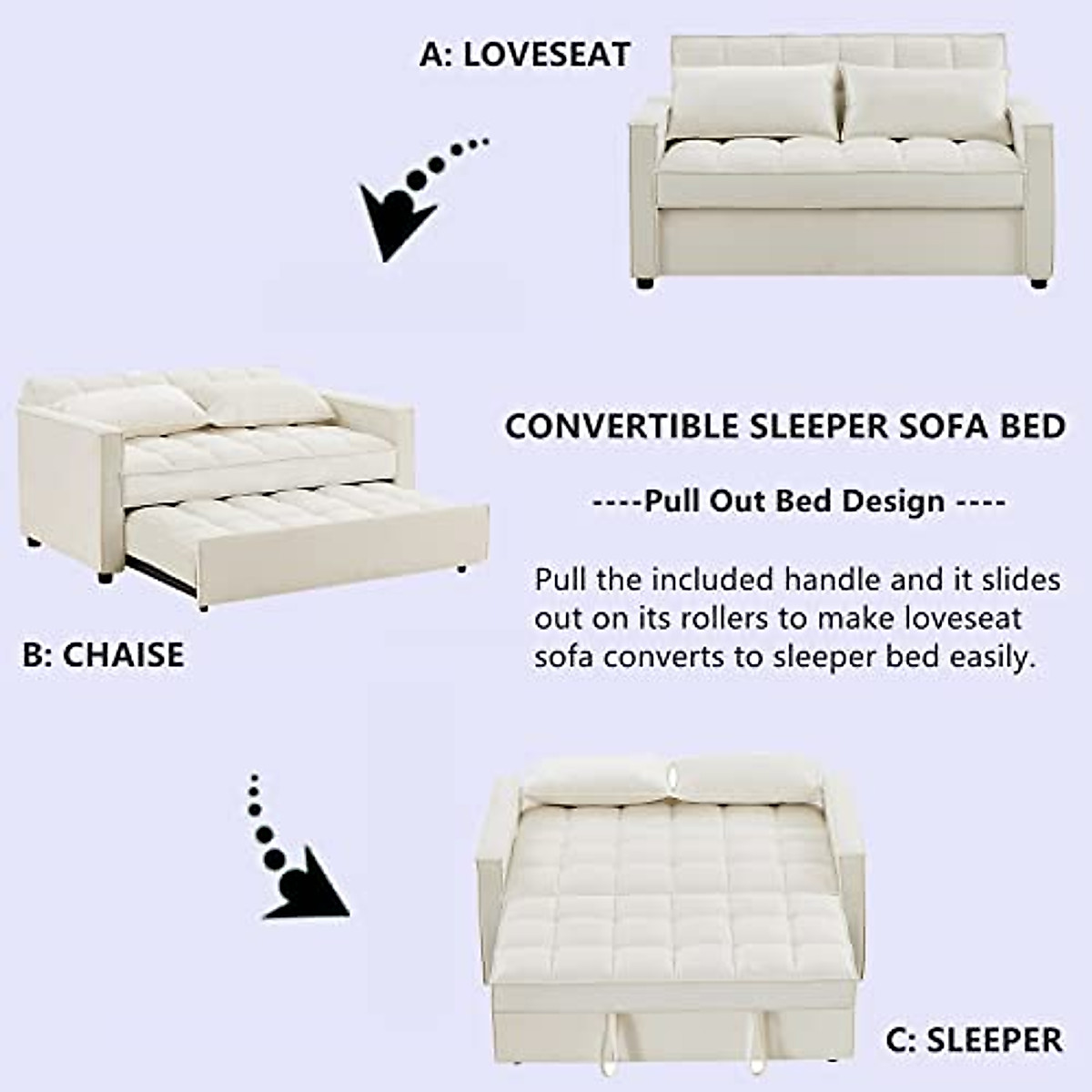 Infirleo Pull Out Sofa Sleeper, 3-in-1 Convertible Sleeper Sofa Bed for Living Room Apartment, 58" Velvet Sleeper Loveseat Pull Out Bed, Adjustable Backrest, 2 Pillows and Side Pockets (Beige)