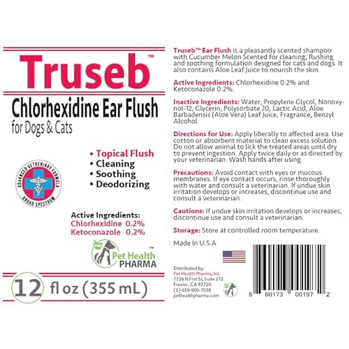 Truseb Advanced Topical Dog Ear Wash with Ketoconazole & Chlorhexidine Ear Flush Dog, Cats and Horses, with Aloe - 12 oz Made in U.S.A (Ketoconazole & Chlorhexidine Ear Flush, 12 oz)