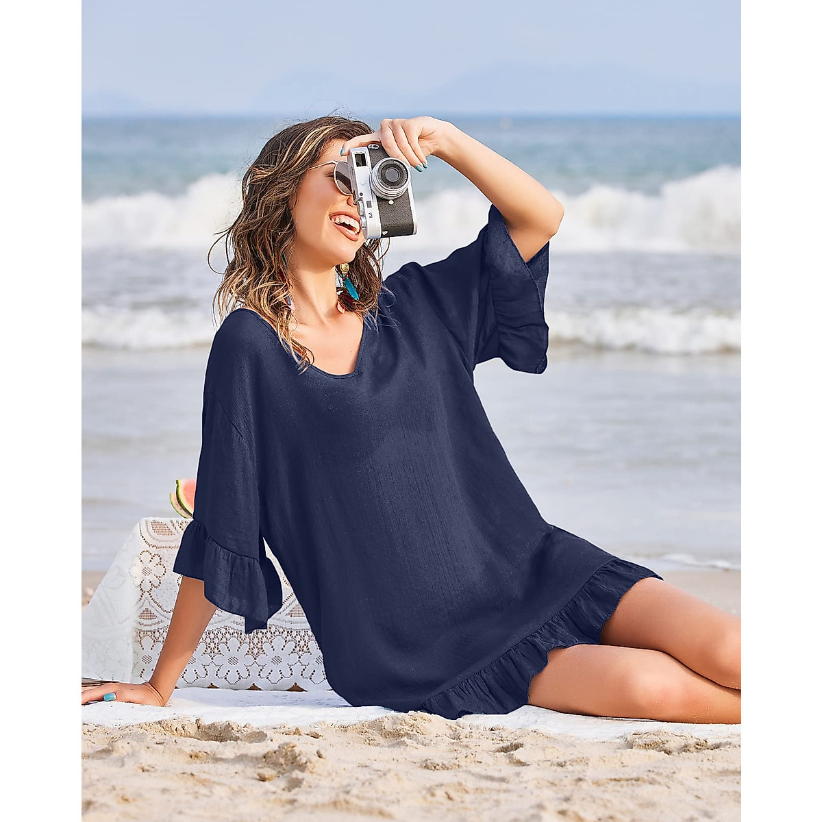 Ekouaer Women Cover-Up Dresses for Swimwear Ruffle Sleeves Beachwear Sexy V Neck Bikini Bathing Suit Coverups (Navy, Medium)