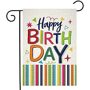 BUYITO Happy Birthday Garden Flag 12x18 Inch Double Sided Burlap Birthday Small Yard Flags , House Party Yard Signs Outdoor Lawn Decorations Birthday Party Celebration Banner