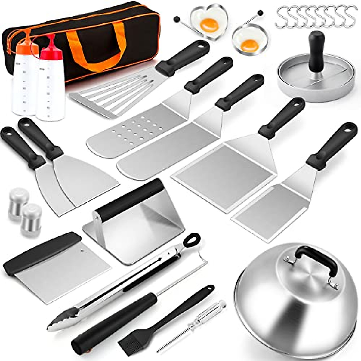 Joyfair 30Pcs Griddle Accessories Kit, Outdoor BBQ Flattop Grill Tool Set with Melting Dome for Camping Grilling Teppanyaki, Include Stainless Steel Basting Cover Burger Press Turner Spatula