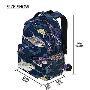 Oarencol Sharks Dark Blue Whale Hammerhead Watercolor Wave Animal Cartoon Fish Backpacks Bookbags Daypack Travel School College Bag for Womens Girls Mens Boys Teens