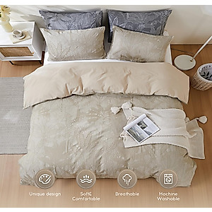 TUMEI Duvet Cover King, Jaguard Floral Duvet Cover King Size, Linen Cotton Blend Floral Leaf Patten Duvet Cover Set with Zipper and 2 Pillowcases, Soft and Breathable Khaki Bedding Set (No Comforter)