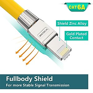 VCELINK RJ45 Cat6A Connectors Tool-Free Reusable Shielded Ethernet Termination Plugs for 23AWG SFTP UTP Cable, 10G Easy Internet Plug, Fast Field Installation 4 Pack