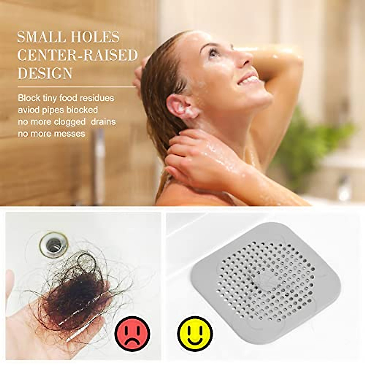 COPPATAOPP Drain Hair Catcher, Square Silicone Shower Drain Hair Catcher, Stable Hair Drain Catcher Bathtubr with Suction Cup, Easy to Install Bathroom Kitchen Sink Drain Strainer 2 Pack (Grey White)