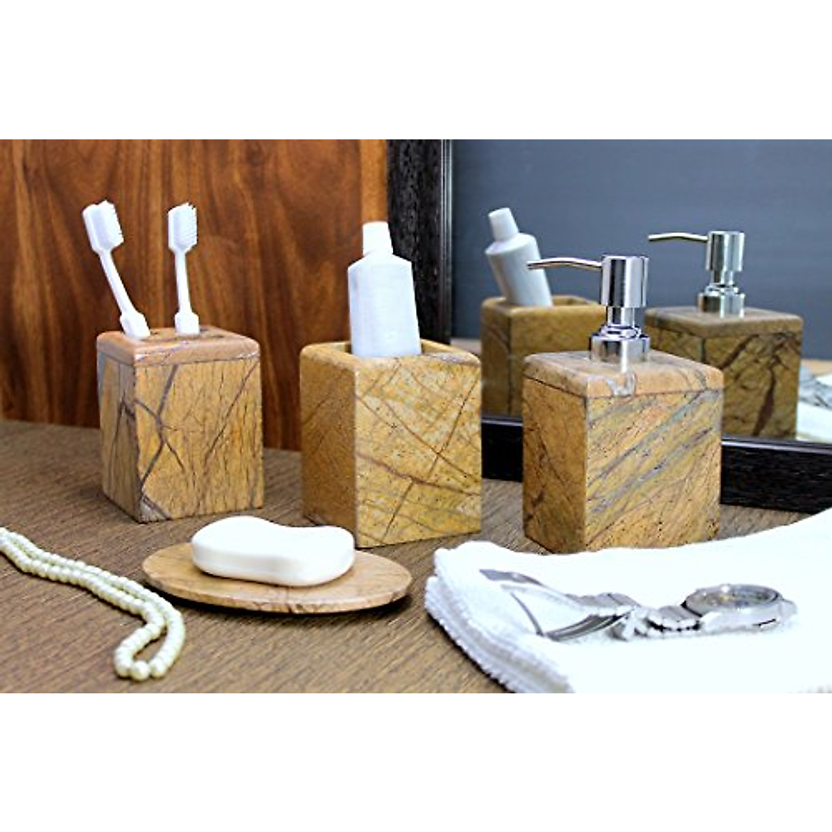 KLEO - Bathroom Accessory Set Made from Natural Green Stone - Bath Accessories Set of 4 Includes Soap Dispenser, Toothbrush Holder, Tumbler and Soap Dish