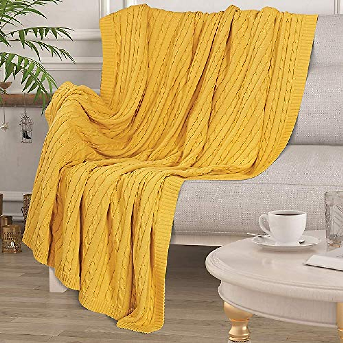 ULUDAG TRIKO Knitted Throw Blankets for Home - 100% Cotton Textured Soft Cozy Warm Decorative Blanket for Home Couch Sofa Bed Chair Cover Living Bed Room, Machine Washable 50"x 60" (Yellow, 60"X80")