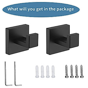 Durafe Towel Hooks for Bathrooms,Matte Black Robe Towel Hooks Wall Mounted 304 Stainless Steel for Bath Coat Shower Kitchen Heavy Duty Wall Hooks 2 Pack