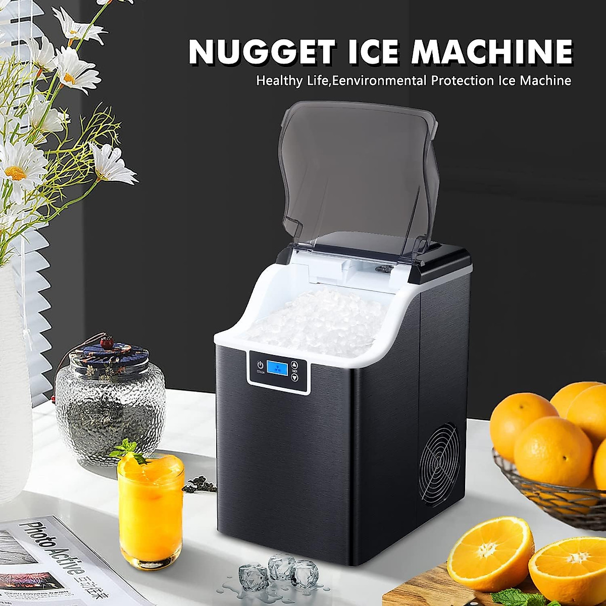 ZAFRO Nugget Ice Makers Countertop with Soft & Chewable Pellet Ice Portable Self-Cleaning Compact Ice Machine 44Lbs/24H with Ice Scoop and Basket Suitable for Home/Kitchen/Office/Bar Party