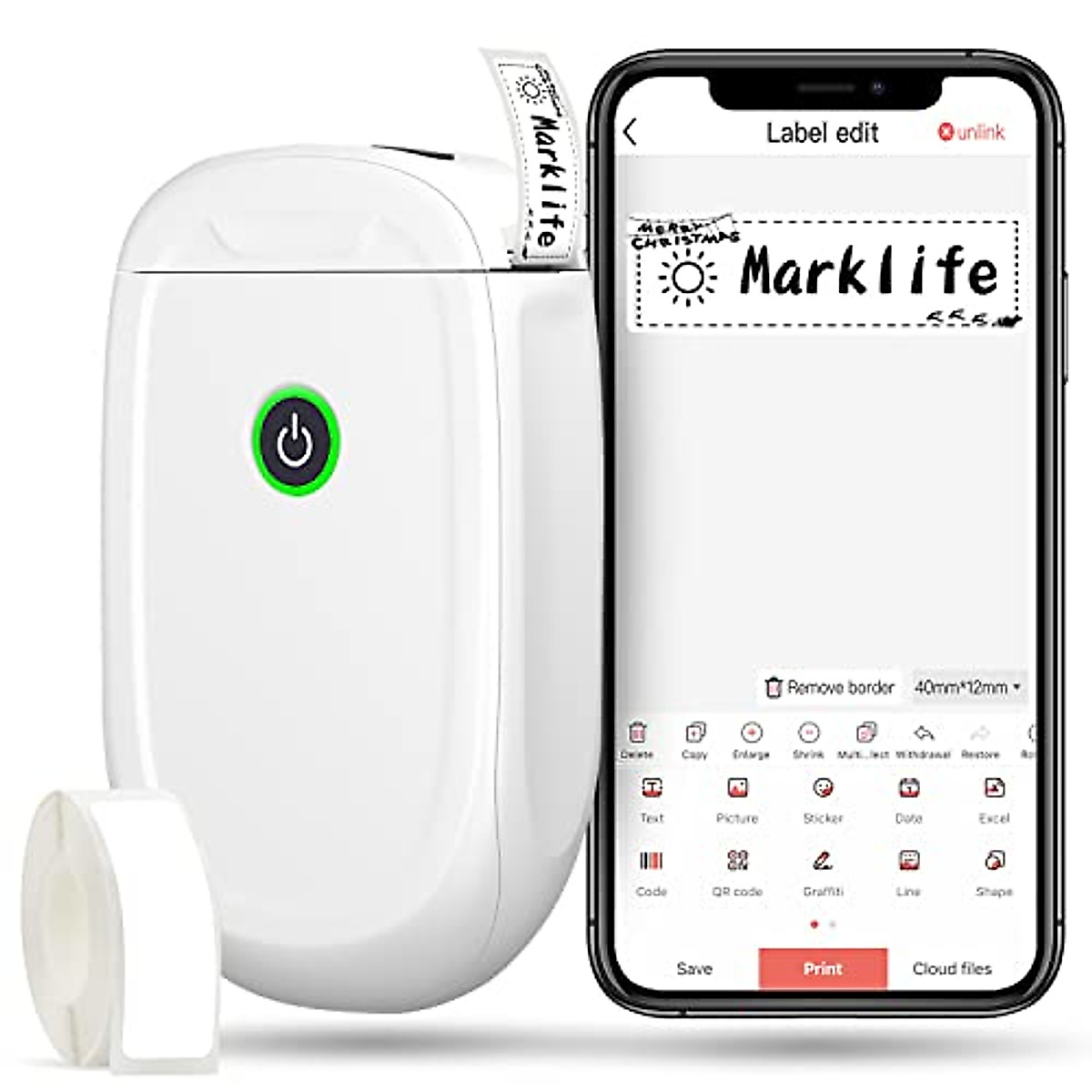 MARKLIFE P11 Label Makers, Portable Thermal Sticker Printer Machine with Tape, Inkless & Wireless, Labelmaker for The Home Edit and Office Organization, White