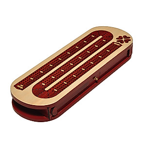 PALM ROYAL HANDICRAFTS 4 Track Wooden Cribbage Board Set Inlaid in Blood Wood and Maple Wood with pegs and Cards Storage Available. 4 Player Cribbage Board (15 x 5 Inches)
