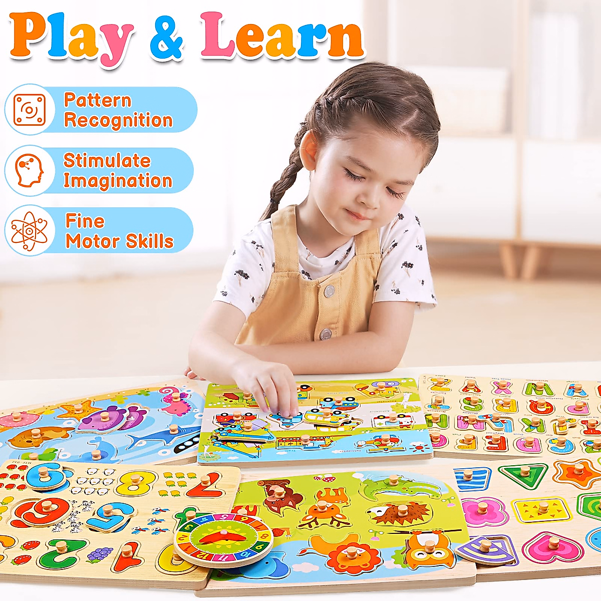 Puzzles for Kids Age 2-4 with Rack and Wooden Clock, 6 Pack Wooden Peg Puzzles for Toddlers with Storage Holder Rack, Educational Toys - Alphabet Number Animal Vehicle Shape