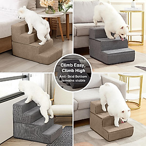 Dog Stairs & Steps for Small Dogs Cats, Pawque Pet Steps for High Bed Couch, Shock Absorbing Foam with High-Strength Boards for Pet Safe, Non-Slip Removable Washable Cover, 3-Step (13.5'' High)