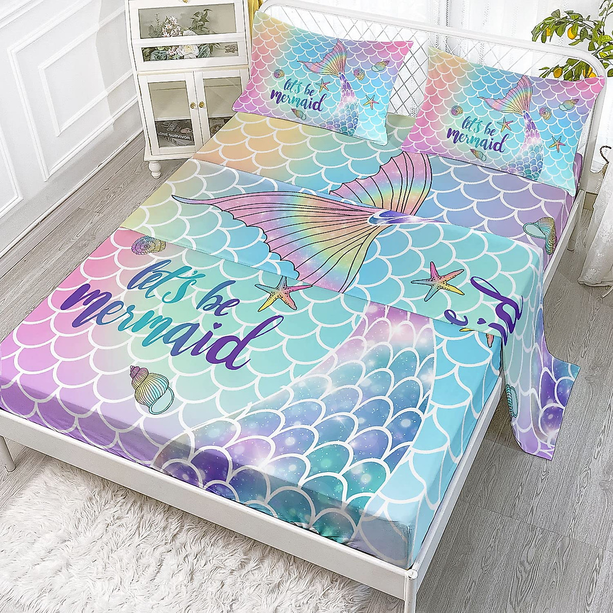 Datura home 4Pcs Kids Fitted Sheet and Flat Set Rainbow Scales Mermaid Printed Pattern Bedding with 1 + 2 Pillowcases for Boys Girls (Rainbow Queen), 91x102 Inches