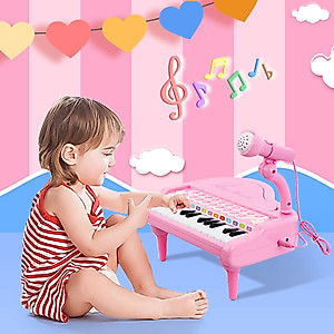 Love&Mini Pink Piano Toys for 1+Years Old Girls First Birthday Gifts Toddler Piano Music Toy Instruments with 24 Keys and Microphone