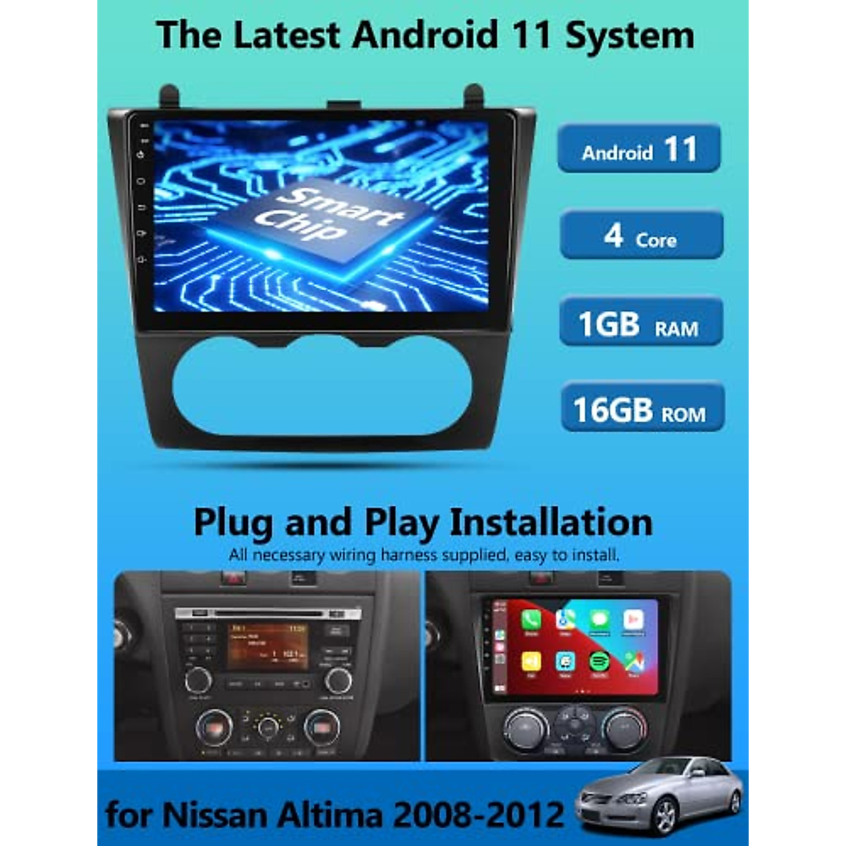 Android Car Radio Stereo for Nissan Altima 2008-2012 with Wireless Carplay Android Auto, 9” Touchscreen Radio Supports GPS Navigation, Steering Wheel Control, WiFi, Hi-Fi, FM/RDS, Split Screen