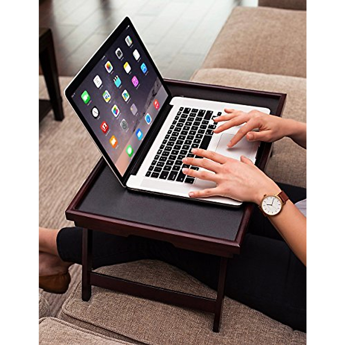 BIRDROCK HOME Bamboo Lap Tray with Black Top - Work from Home - Foldable Breakfast Serving Bed Tray - Lap Desk with Wide Tilting Top - Laptop Computer Stand for Couch Bed Chair - TV Tray