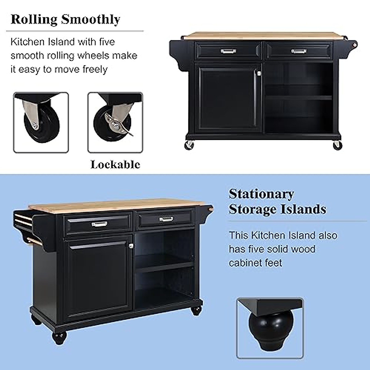 Rolling Kitchen Island Cart with 5 Universal Wheels and 5 Solid Wood Cabinet Feet,Greenguard Gold Certified,Kitchen Island with Rubberwood Drop Leaf-Mobile Kitchen Island with Storage and Drawer,Black