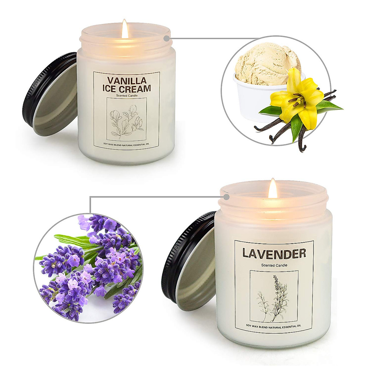 Vanilla Ice Cream and Lavender Candles for Home Scented, Aromatherapy Candle 2 pcs, Soy Wax Candle Set, Gift with Strongly Fragrance Jar Candles