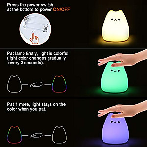 LUNSY Cat Night Light, LED Cute Silicone cat lamp with Color Changing Tap Control Battery Operated for Kids Baby Girl Children Toddler.