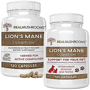 Real Mushrooms Lions Mane for Humans (120ct) and Pets (120ct) - Bundle for Cognition & Immunity - Vegan, Non-GMO, Gluten-Free, Grain-Free Mushroom Extract Supplements