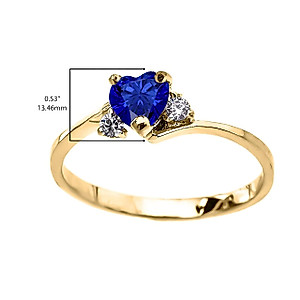 10K Yellow Gold Heart Cut Lab Grown Blue Sapphire & White Cubic Zirconia Three Stone Bypass Band September Birthstone Engagement Ring - Size 7