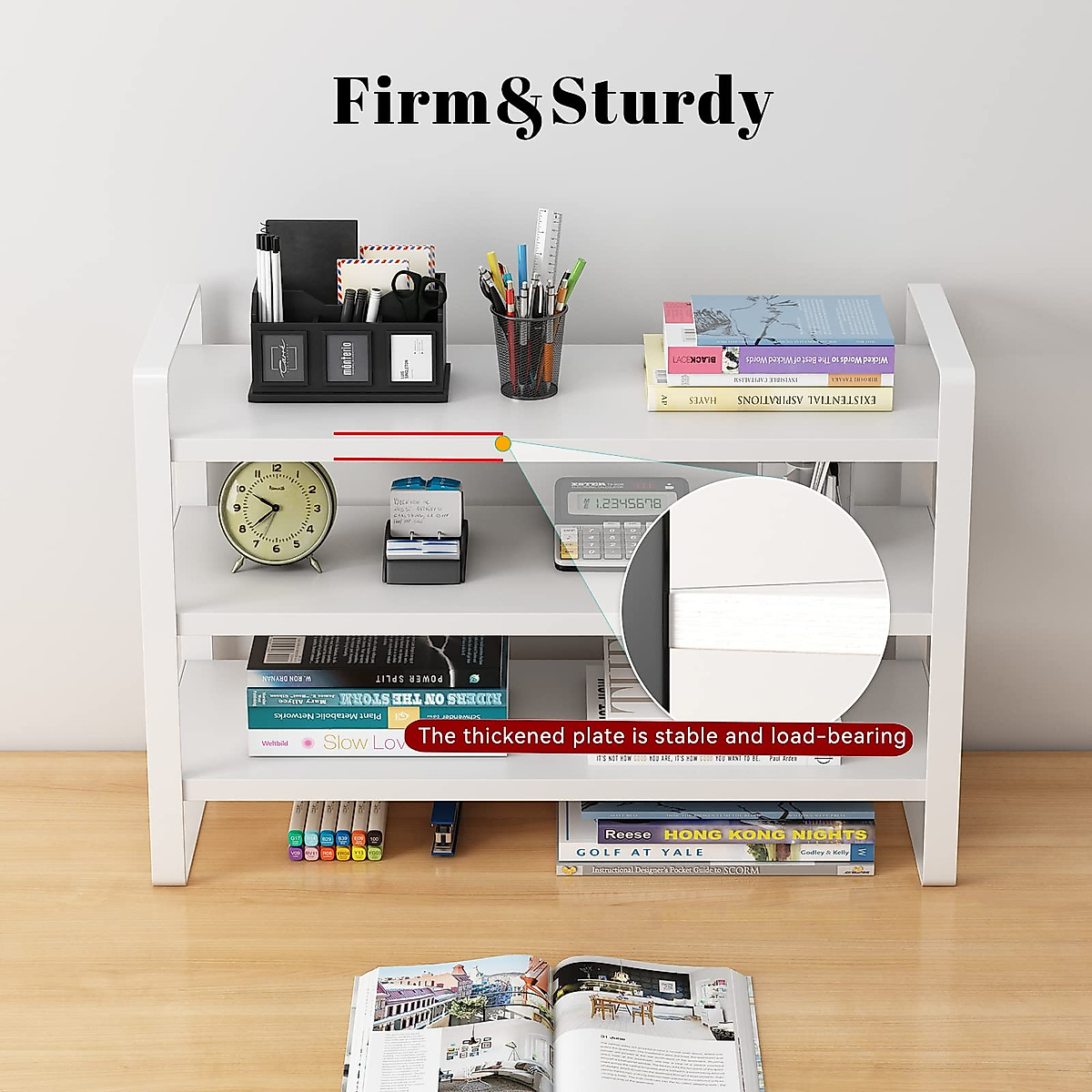 hodiczk Upgraded Small Desk Shelf Organizer with Tiers, Cute Desktop Organizer Shelf Storage, Kawai Desktop Bookshelf Hutch for Dorm, Home, School, Office (White Rack White Frame, 3 Layer)