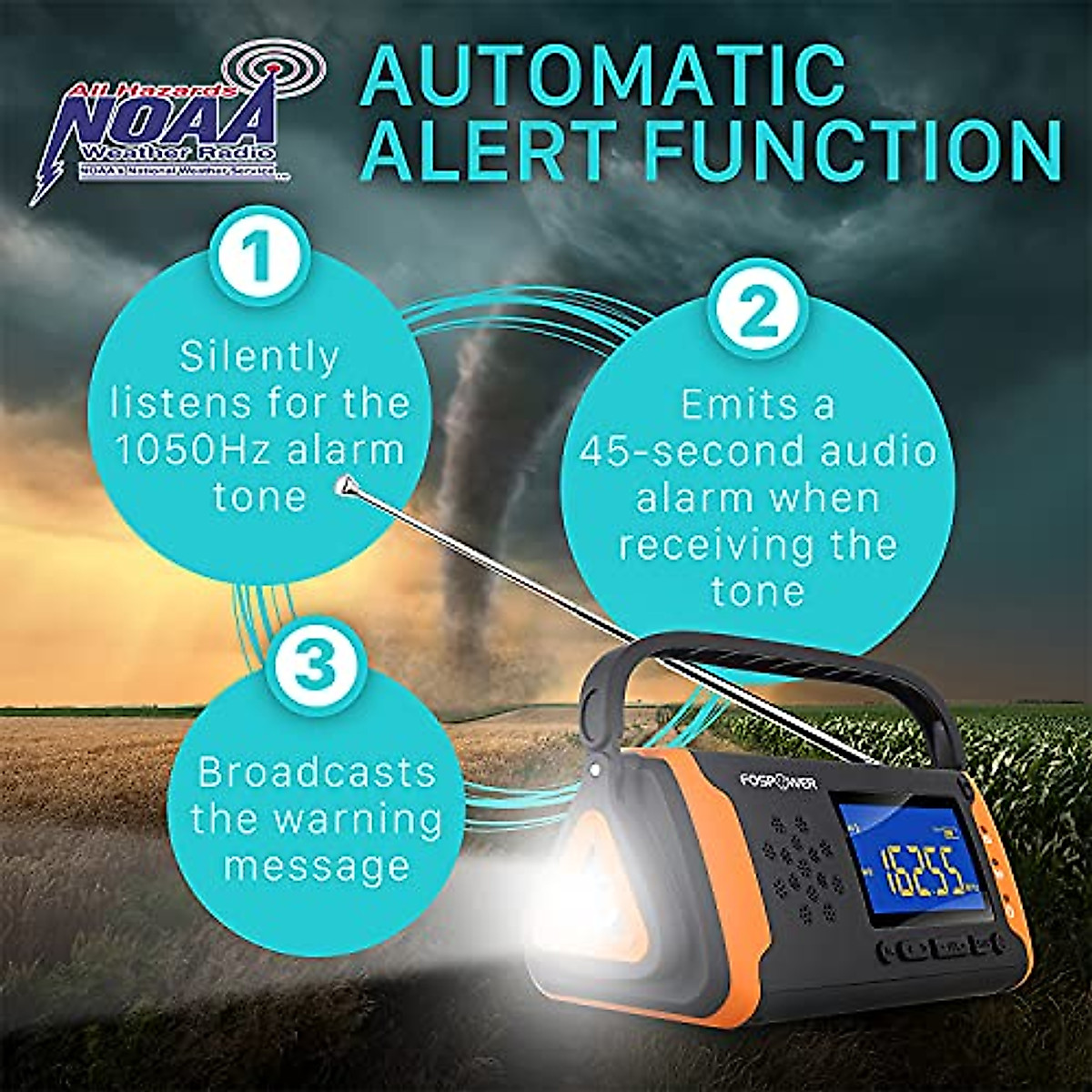 FosPower 4000mAh NOAA Emergency Weather Radio (Model D2) Portable Power Bank with Solar Charging, Hand Crank & Battery Operated, LCD Display, SOS Alarm, AM/FM & LED Flashlight for Outdoor Emergency