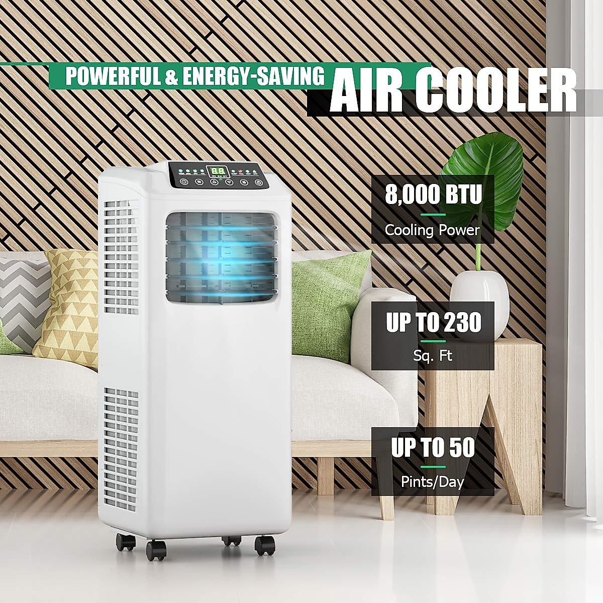 COSTWAY 8000 BTU Portable Air Conditioner, 3-in-1 Air Cooler w/Built-in Dehumidifier, Fan Mode, Sleep Mode, Remote Control& LED Display, Rooms Up to 230+ Sq. ft, for Home Office (White and Black)