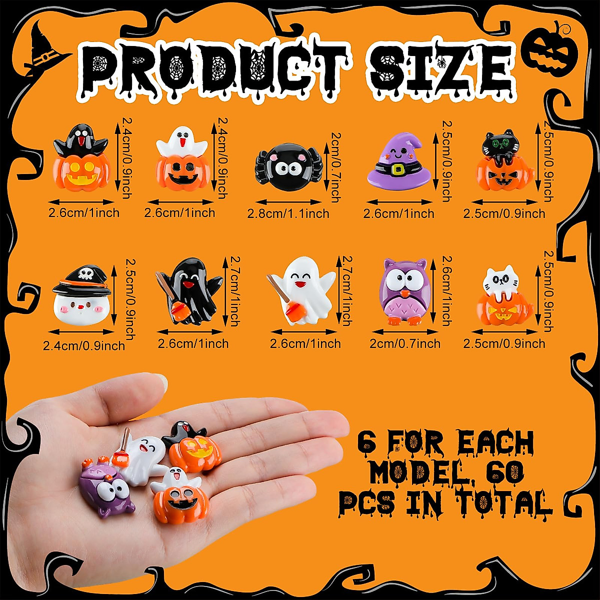 Liliful 60 Pcs Halloween Miniatures Garden Figurines Mini Resin Pumpkin Ghost Ornaments Mini Halloween Figures for DIY Garden Accessories Adornments Embellishment Decorations Party Supplies, 10 Styles