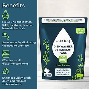 Puracy Dishwasher Pods, 50 Count, Natural Detergent, Free & Clear Enzyme-Powered Automatic Dishwasher Pod, Spot and Residue-Free Dish Tabs, 2-in-1 Soap and Rinse Aid