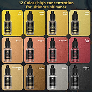 Metallic Alcohol Ink Set - 12 Metal Color Alcohol-Based Resin Inks, High Concentrated Extreme Shimmer with Gemstone Mixatives for Epoxy Resin Petri Yupo Tumbler Cups Fluid Art Painting (15ml/.5 fl oz)