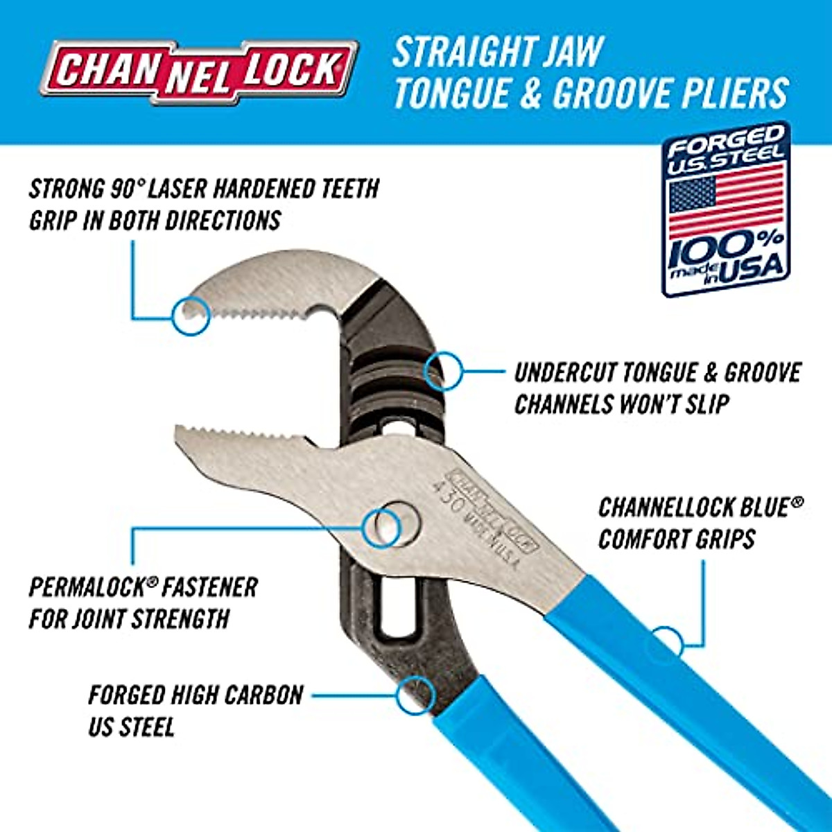 Channellock 430 Tongue & Groove Pliers | 10" Straight Jaw Groove Joint Plier with Comfort Grips | 2" Jaw Capacity | Laser Heat-Treated 90° Teeth| Forged From High Carbon Steel | Made In USA,Black, Blue, Silver,10-Inch