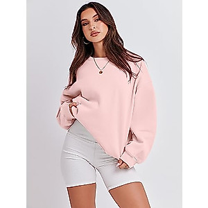 Caracilia Women's Crewneck Sweatshirts Oversized Fleece Hoodies Tops Casual Loose Pullover Sweaters 2024 Fall Clothes Pink Small