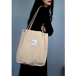 Thicken Corduroy Totes Bag Large Capacity Handbags Shoulder Bags Cord Tote Bag for Women Casual Bag for Work School Daily (Beige-CF)