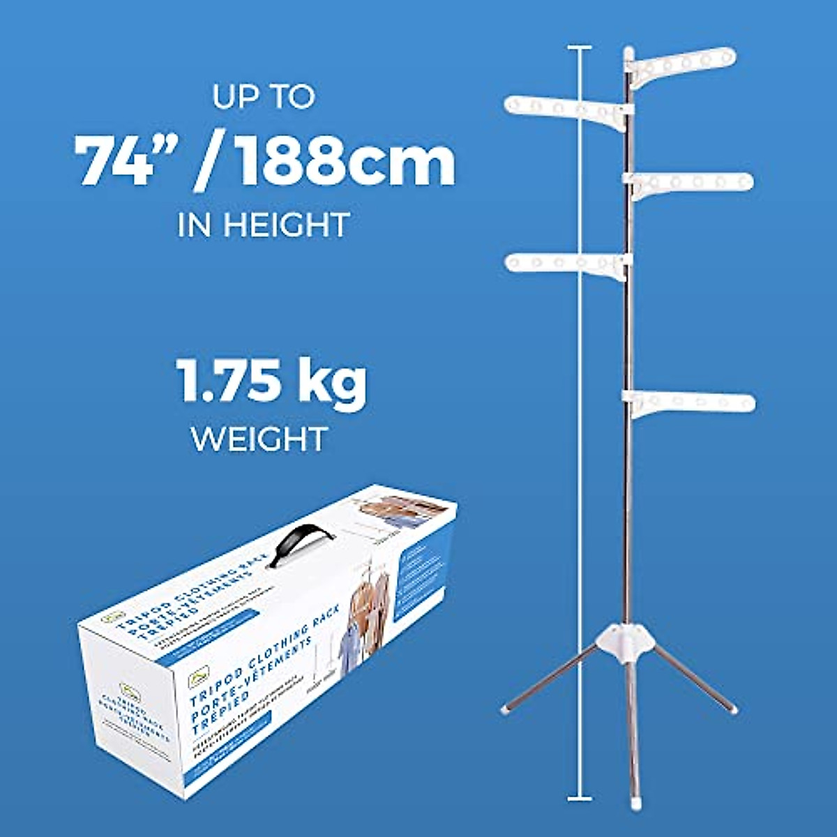 Home Spirit Tripod Clothing Rack, Indoor Clothes Drying Rack for Laundry, Foldable for Storage, Adjustable Height Up to 74", Five Removable Adjustable Hangers, Holds Up to 36 Garments