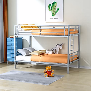 LifeSky Twin-Over-Twin Metal Bunk Bed - Heavy Duty Bunk Bed Frame - Bunk Beds with Ladder and Guardrail for Bedroom Girls Silver