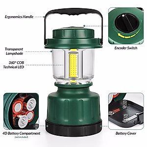 LED Camping Lantern, COB Battery Lantern 4D Batteries Powered 2500LM, Water Resistant Emergency Lantern for Power Outage, Hurricane, Hiking