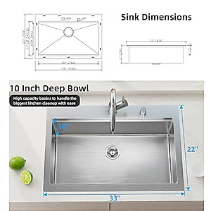ARAUSK Drop in Kitchen Sink Nano, 33 X 22 Inch, 18 Gauge Gunmetal Matte Stainless Steel Sink, 10 Inch Depth Workstation Sink Single Bowl, T-304 Topmount Sink with Accessories