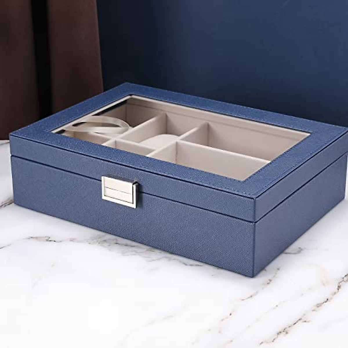 IVZISOWatch Box Display Cabinet Glasses Organizer, Jewelry Organizer, 4 Compartment Watch Organizer and 3 Compartment Glasses Case, Best Gift for Men and Women (Blue)