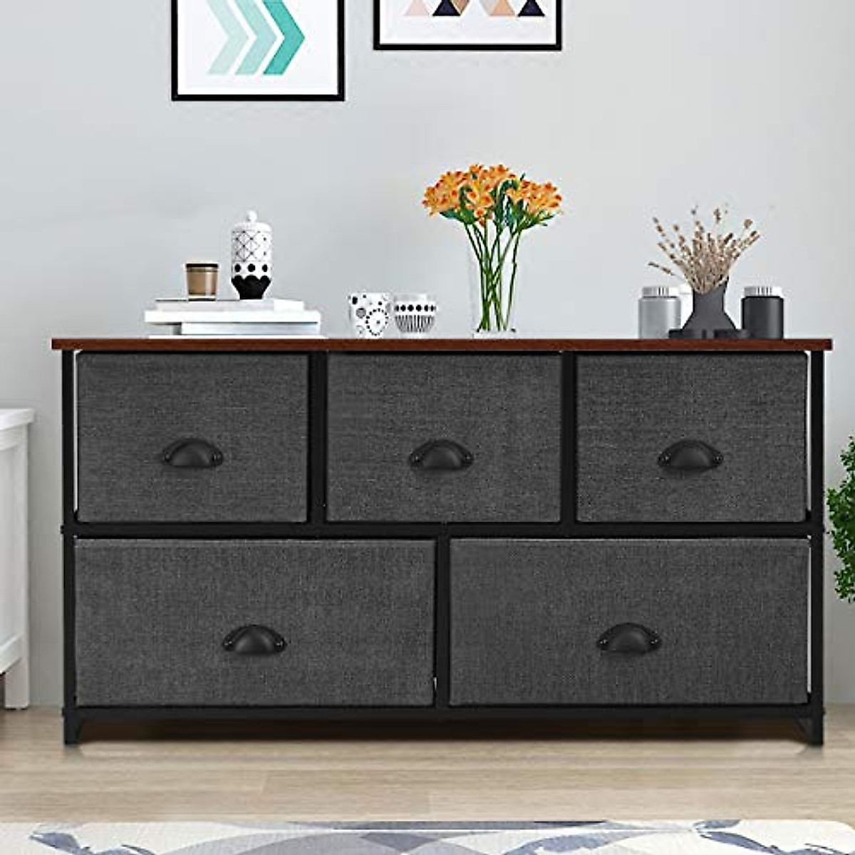 Giantex Dresser Storage Tower W/ 5 Foldable Cloth Storage Cubes,Wood Top Easy Pull Removable Fabric Bins, Organizer Unit 39.5’’(L)X12’’(W)X21’’(H) for Bedroom, Closet, Hallway, Nursery Room(Black)
