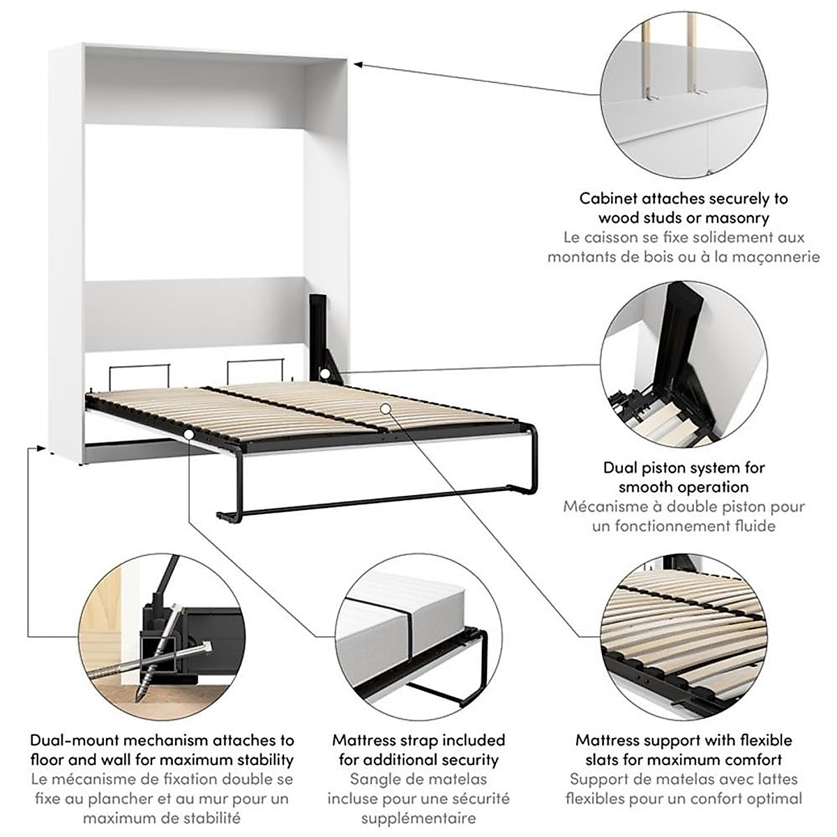 Bestar Claremont 59W Full Murphy Bed in White, Sleeping Arrangement for Multipurpose Area, Bedroom, Guest Room, or Living Room