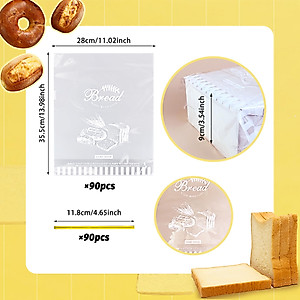 MUMULULU 90 PCS 11""x 14"" Bread Loaf Packing Bags with Bottom Gusset and Ties Clear Cello Cellophane bags Printed Bread Bags