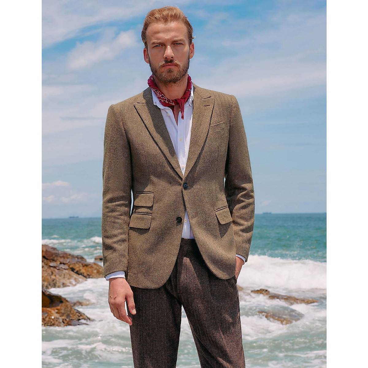 Men's Vintage Herringbone Tweed Blazer Winter Peak Lapel Wool Blend Jacket Coffee Herringbone L