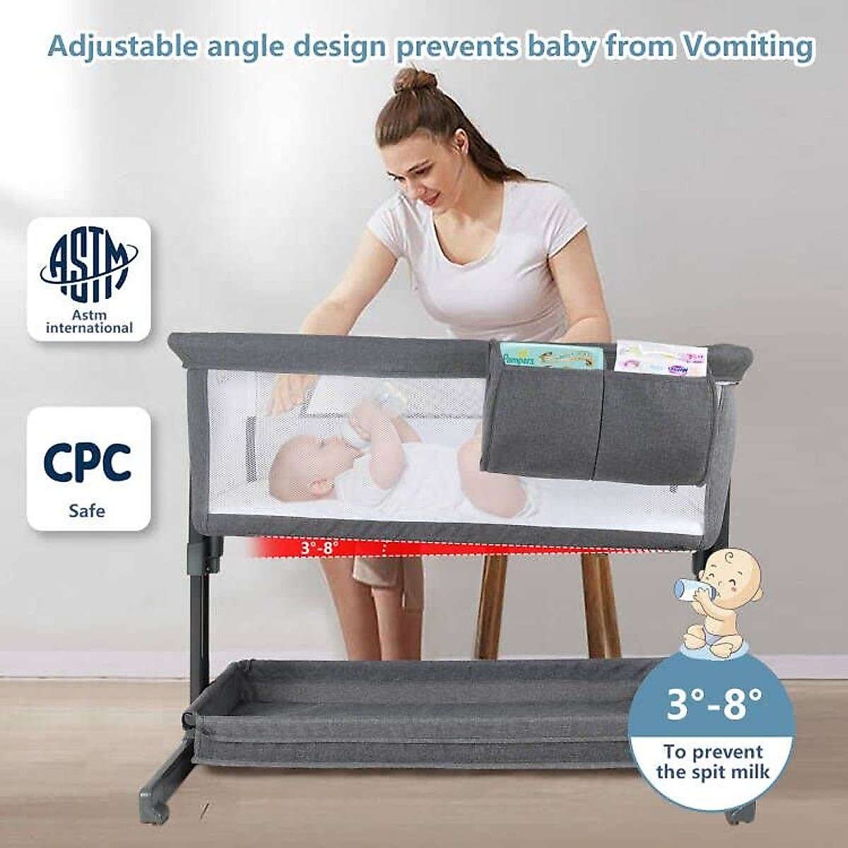 SURPCOS Baby Bassinet, Bedside Bassinet for Baby, Baby Cradle with Storage Basket, Adjustable Bedside Crib, Bedside Sleeper with Comfortable Mattress Grey