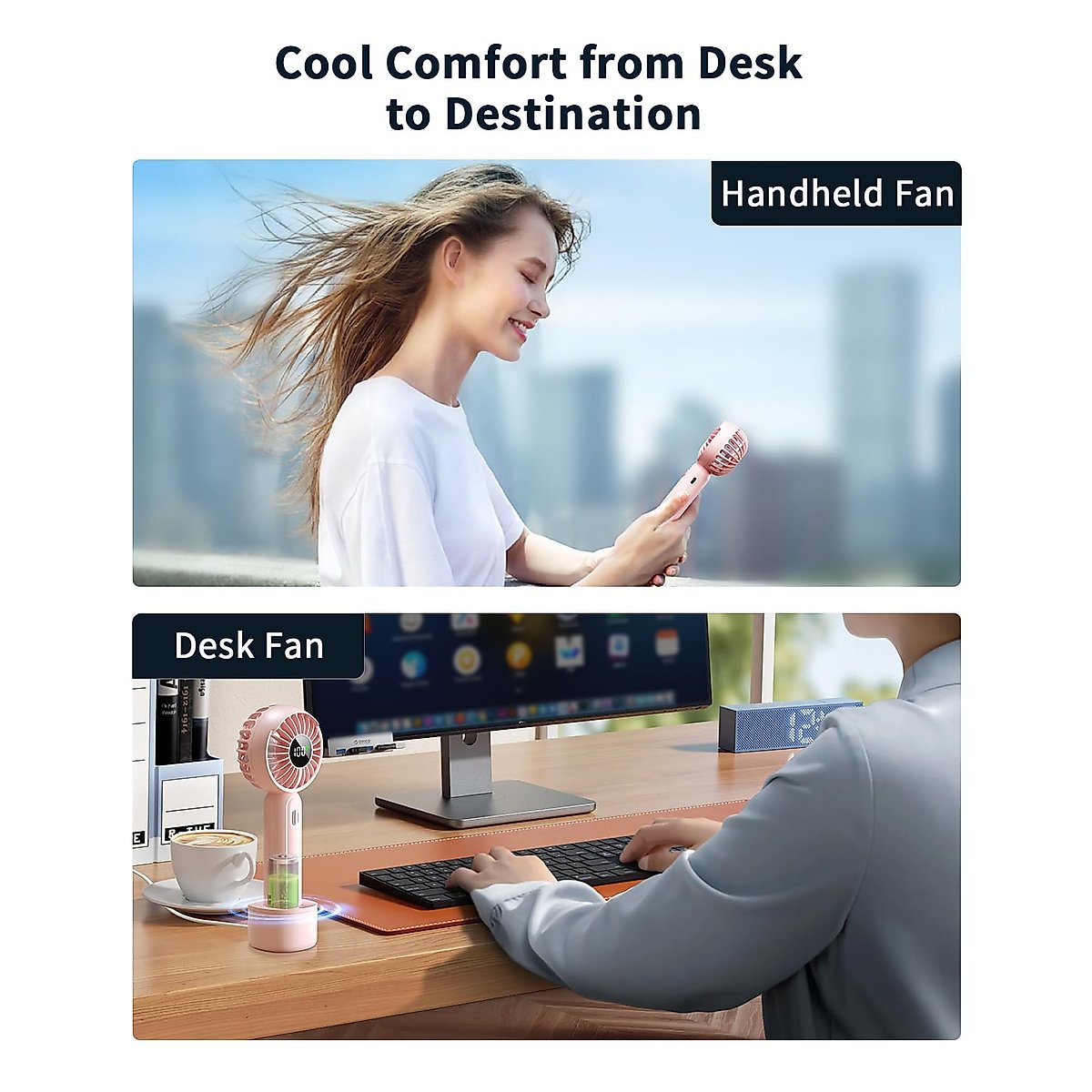 Handheld Fan with 𝗪𝗶𝗿𝗲𝗹𝗲𝘀𝘀 Charging Base, 3 Speeds Portable Fan with Digital Display, 2000mAh Battery Operated Hand Held Fan, Handheld/Desk 2 in 1 Personal Fan Lash Fan Makeup Fan (Pink)