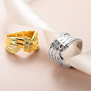 YCHZX Personalized 1-8 Birthstone Rings 925 Sterling Silver Heart Custom Engraved Name Ring Wedding Family Mother Days Birthday Aniversary Jewelry Gifts for Women Grandma Mom Her Daughter (Style 1)